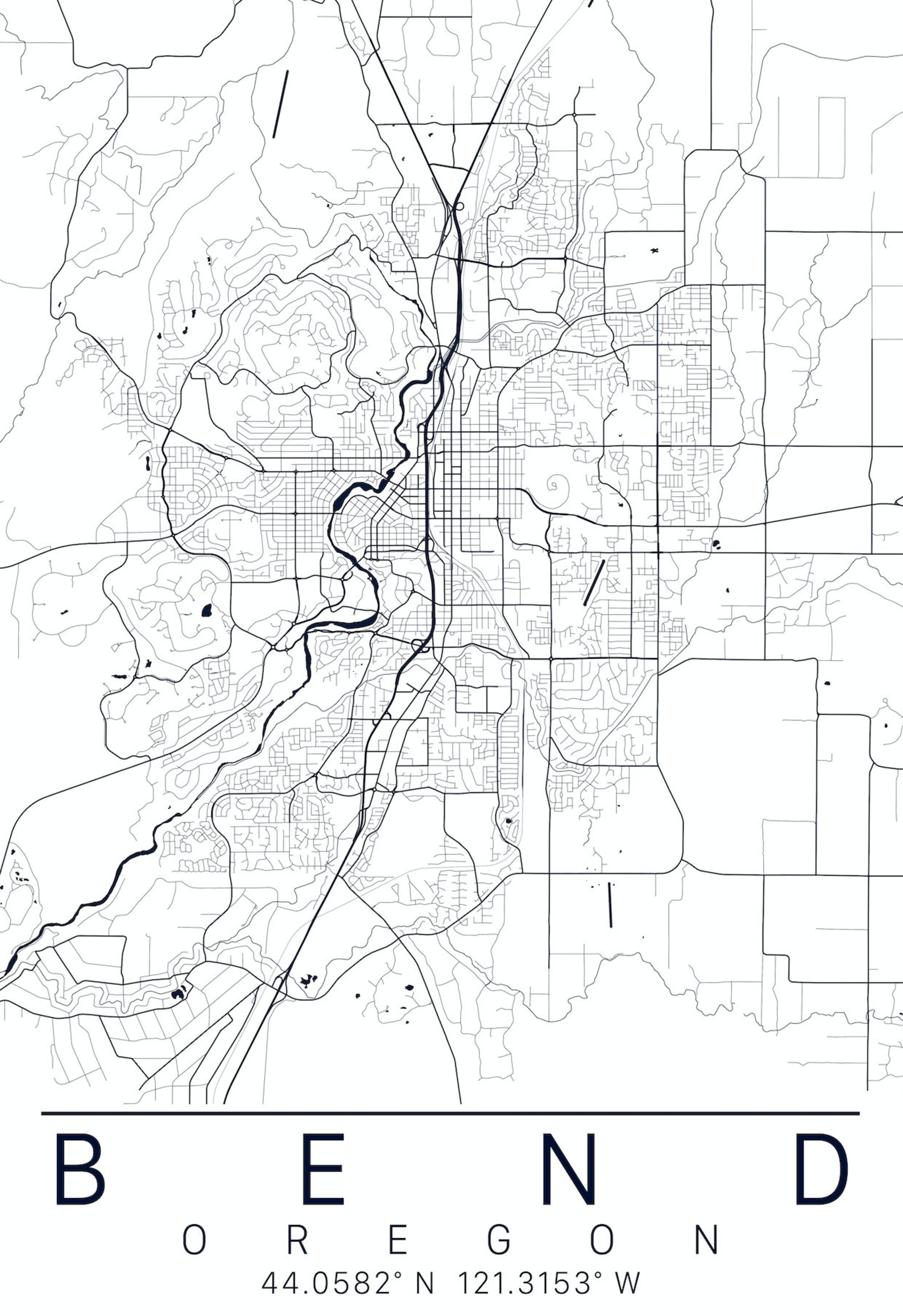 Bend Map Art - Framed, Canvas or Print - Map of Bend Oregon - City Map ...