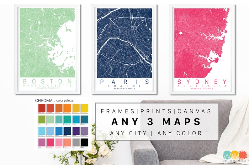 Custom City Map Art Bundle Framed Canvas or Print Choose | Etsy