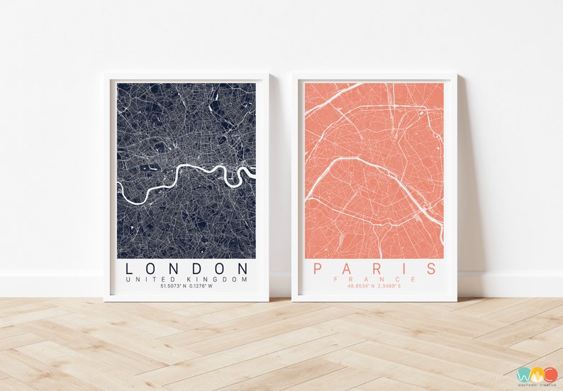 City Map Art Bundle Set of 2 Maps Framed Canvas or Prints - Etsy