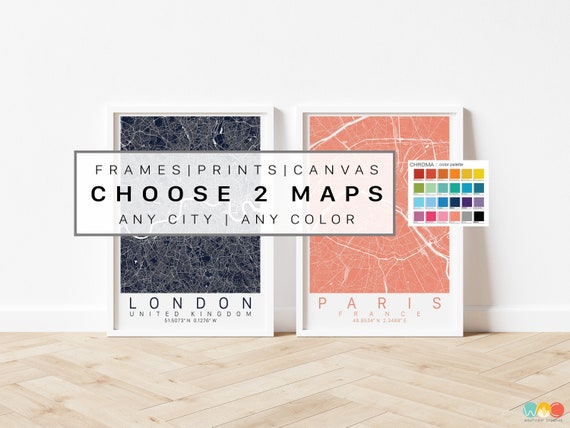 City Map Art Bundle Set of 2 Maps Framed Canvas or Prints - Etsy