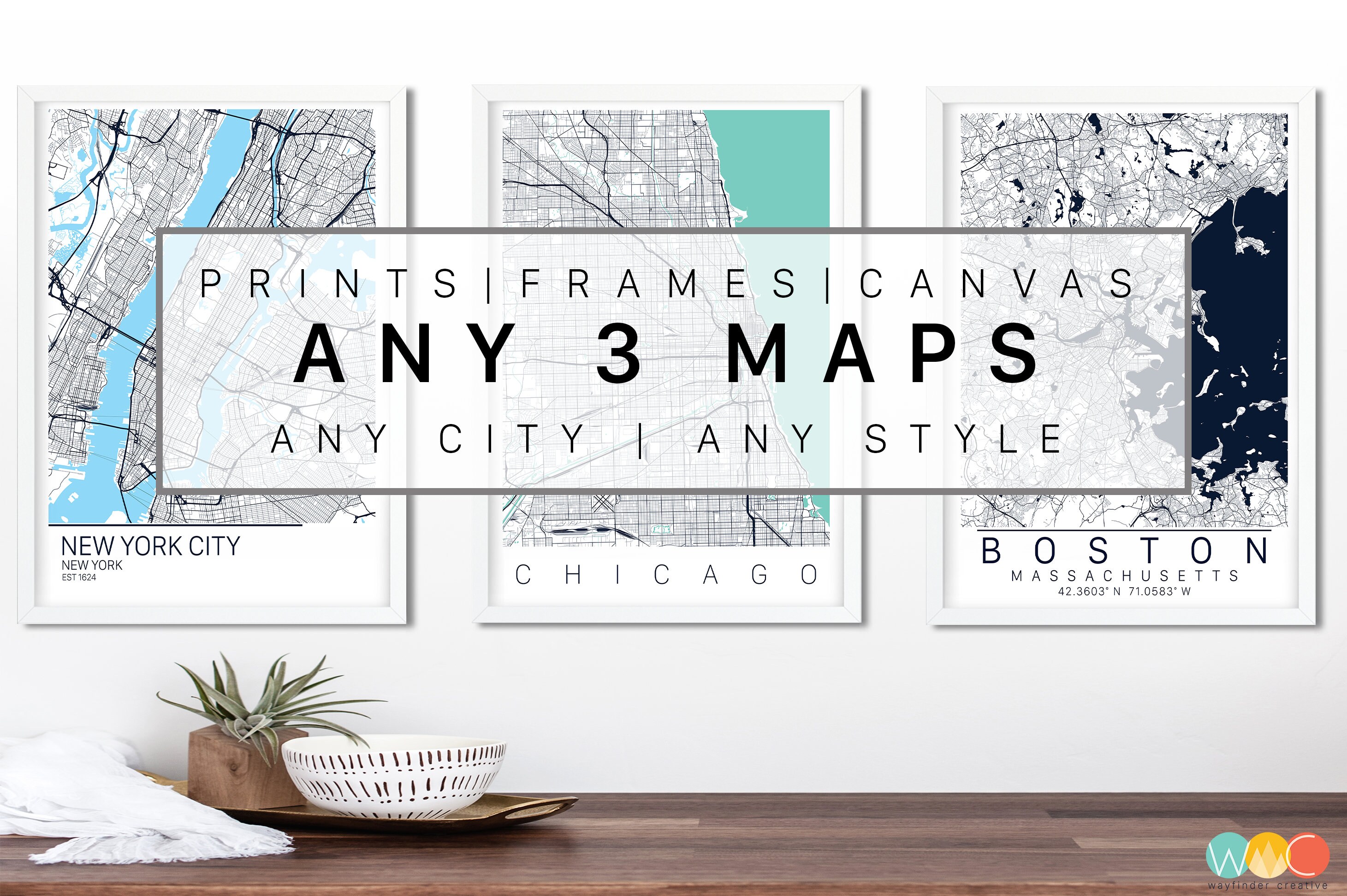 City Art Custom City Map Bundle Office Wall Art Framed | Etsy