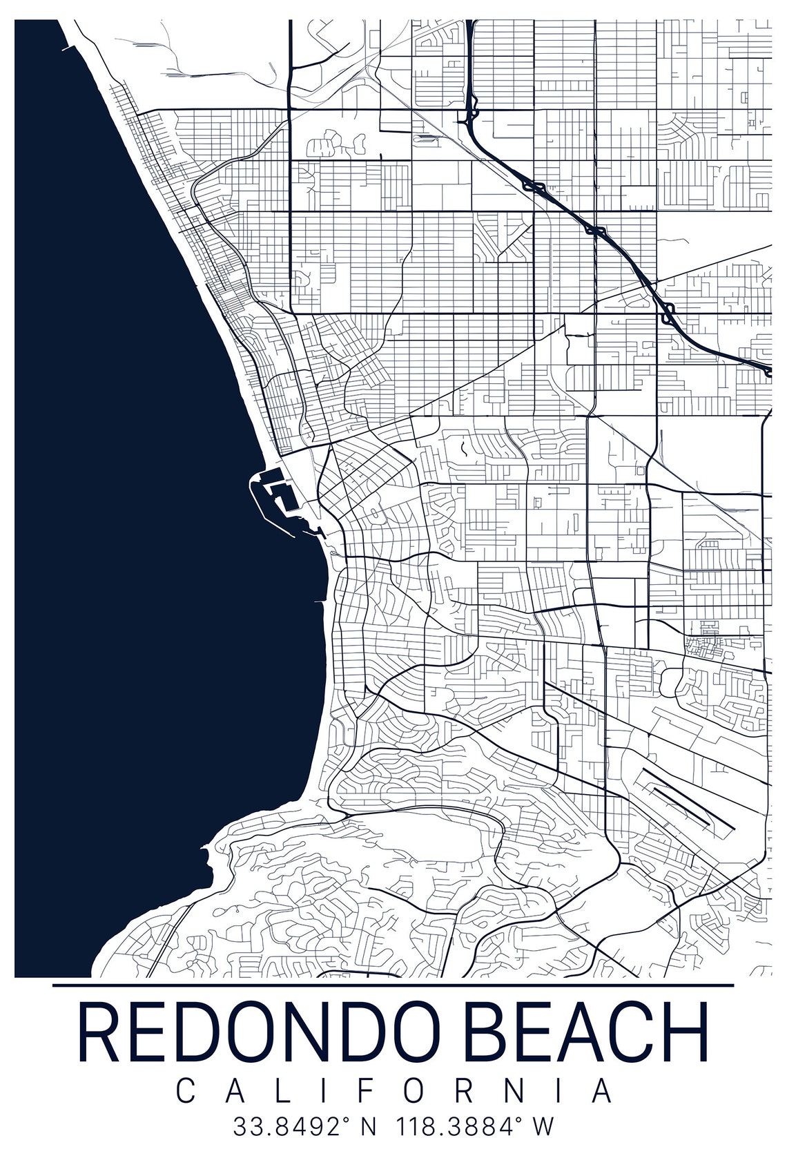 Redondo Beach California Map Art Framed Canvas or Print Map | Etsy
