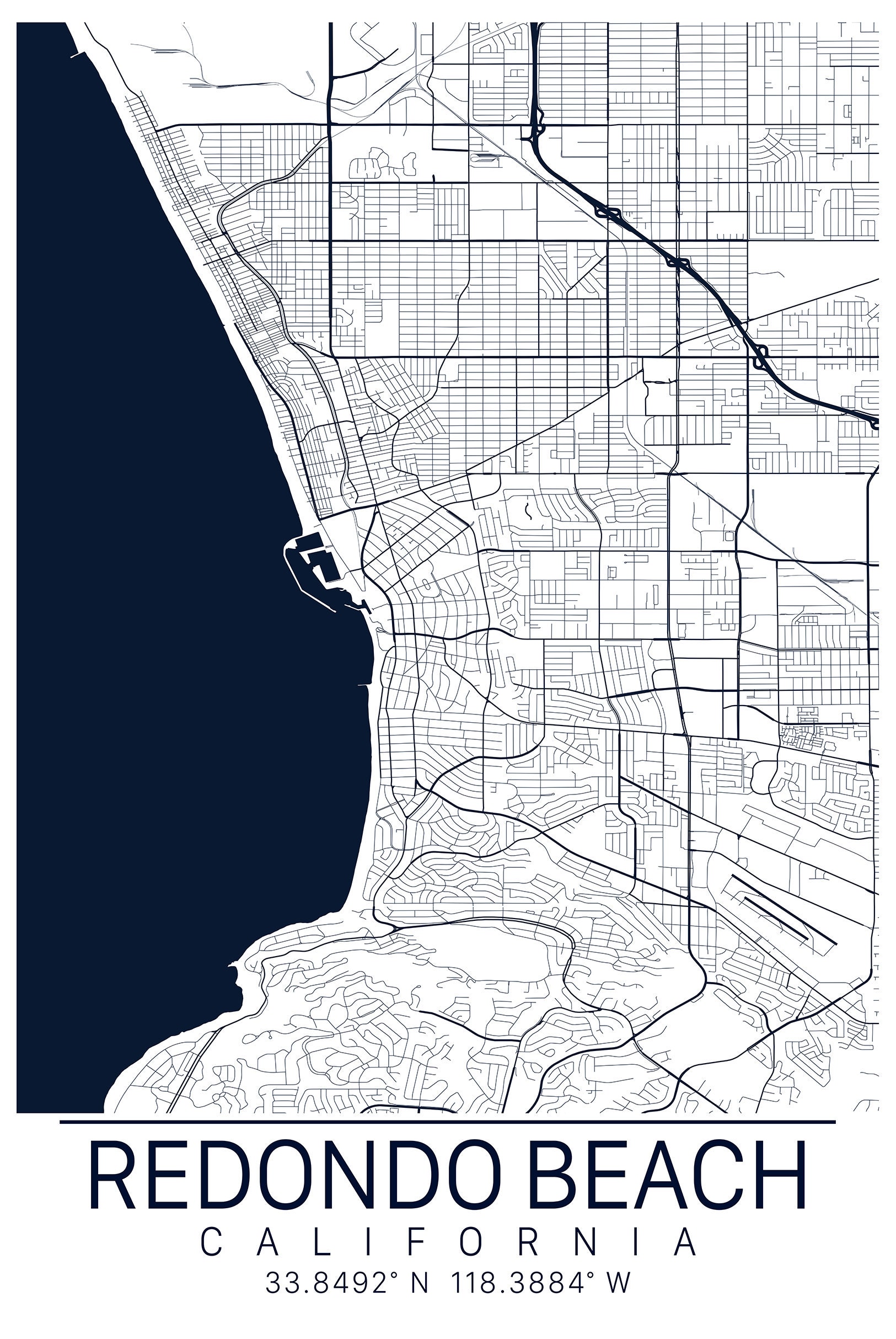 Redondo Beach California Map Art Framed Canvas or Print Map | Etsy