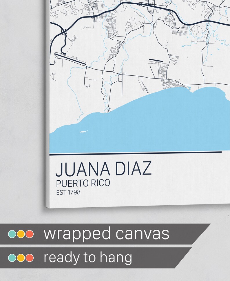 Juana Diaz Puerto Rico Map Art Framed Canvas or Print - Map of Juana ...