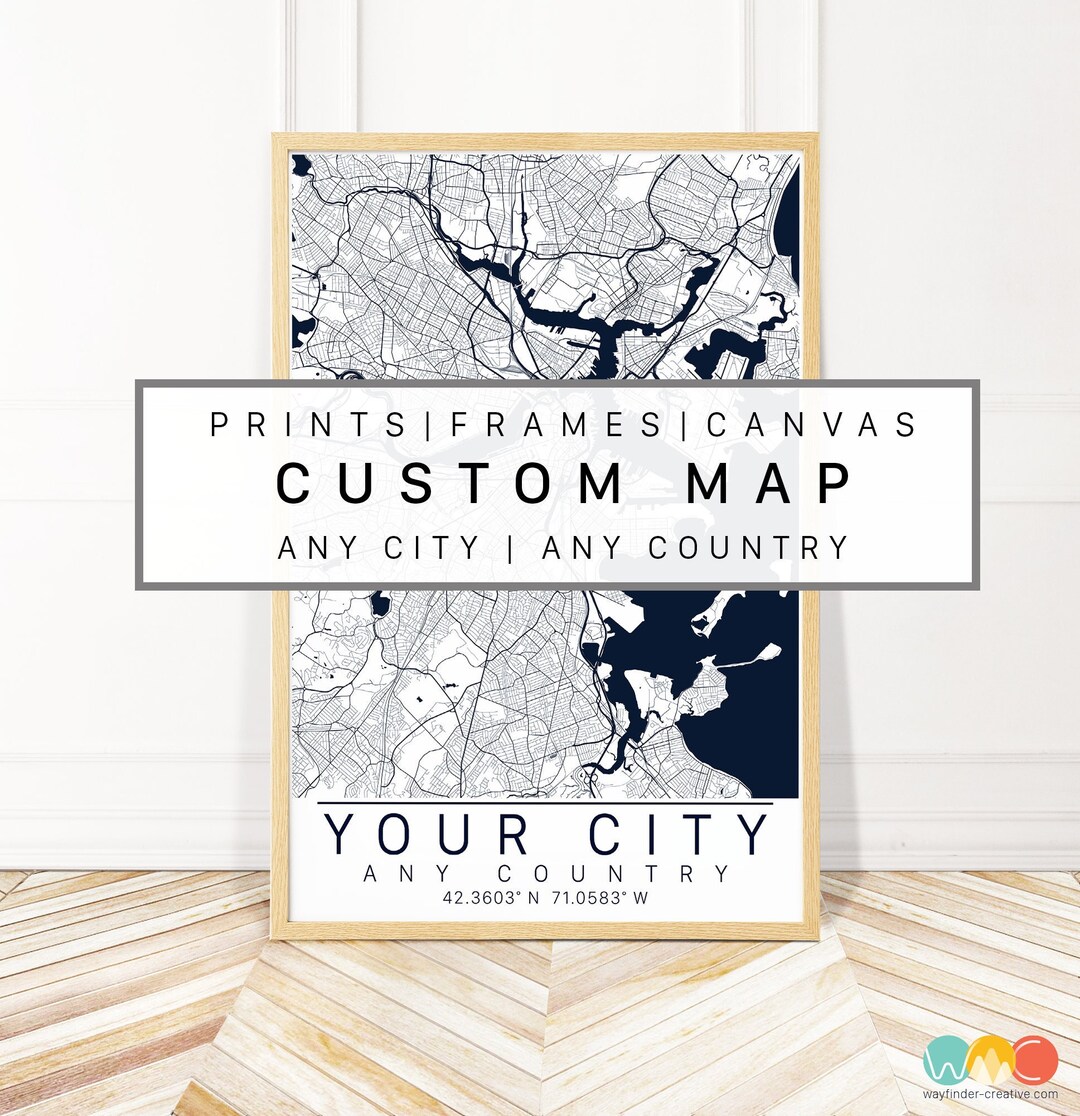 Custom City Map Art Framed, Canvas or Print - Canvas City Map Wall Art ...