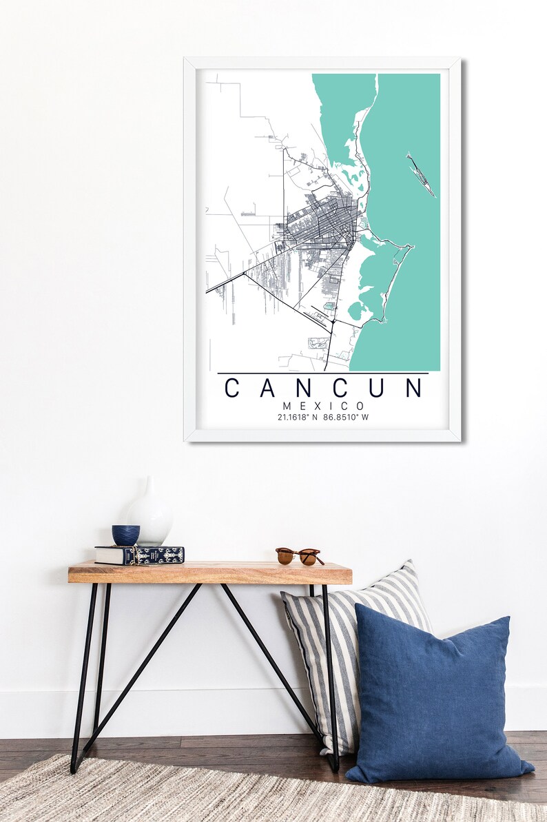 Cancun Map Art Framed Canvas or Print Map of Cancun Mexico - Etsy