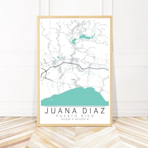Juana Diaz Puerto Rico Map Art Framed Canvas or Print - Map of Juana ...