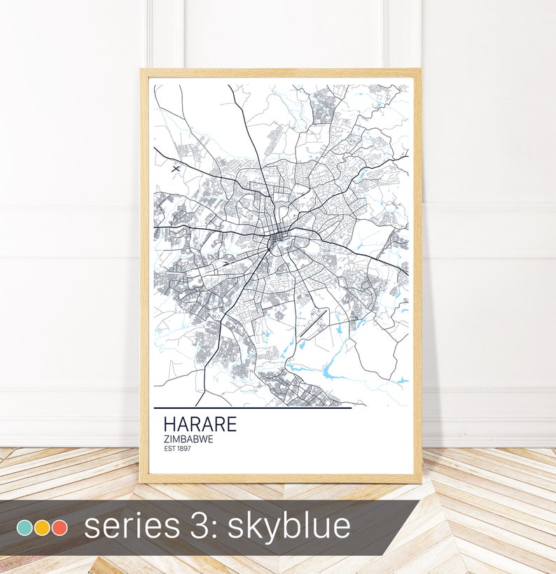 Harare Map Print City Art Map of Harare Zimbabwe | Etsy
