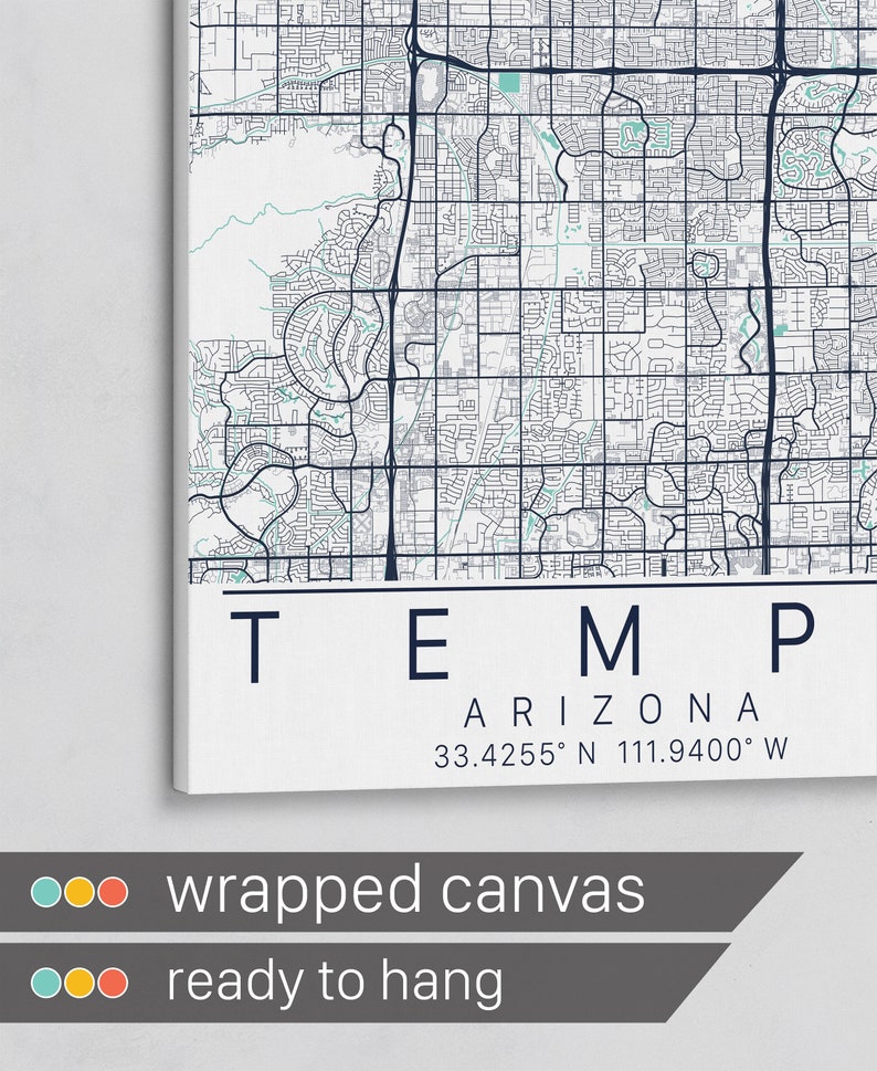 Tempe Map Art Framed Canvas or Print - Map of Tempe Arizona - Framed ...