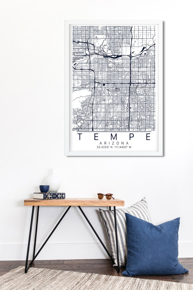 Tempe Map Art Framed Canvas or Print - Map of Tempe Arizona - Framed ...
