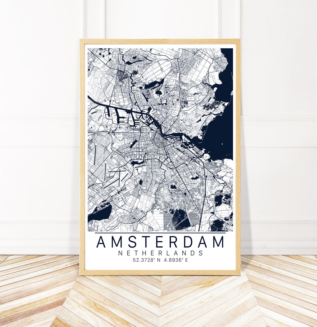 Amsterdam Map Art Framed Cavnas or Print - Map of Amsterdam - Travel ...