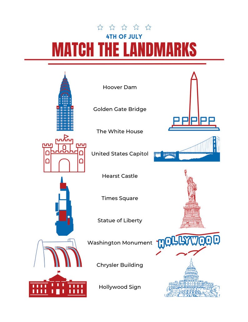 PRINTABLE US Landmarks Game BUNDLE July 4th, Matching, Patriotic Game ...