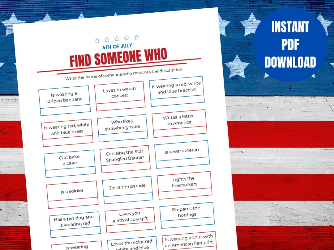 Find Someone Who July 4 PRINTABLE Game, Party Game, Patriotic Game ...