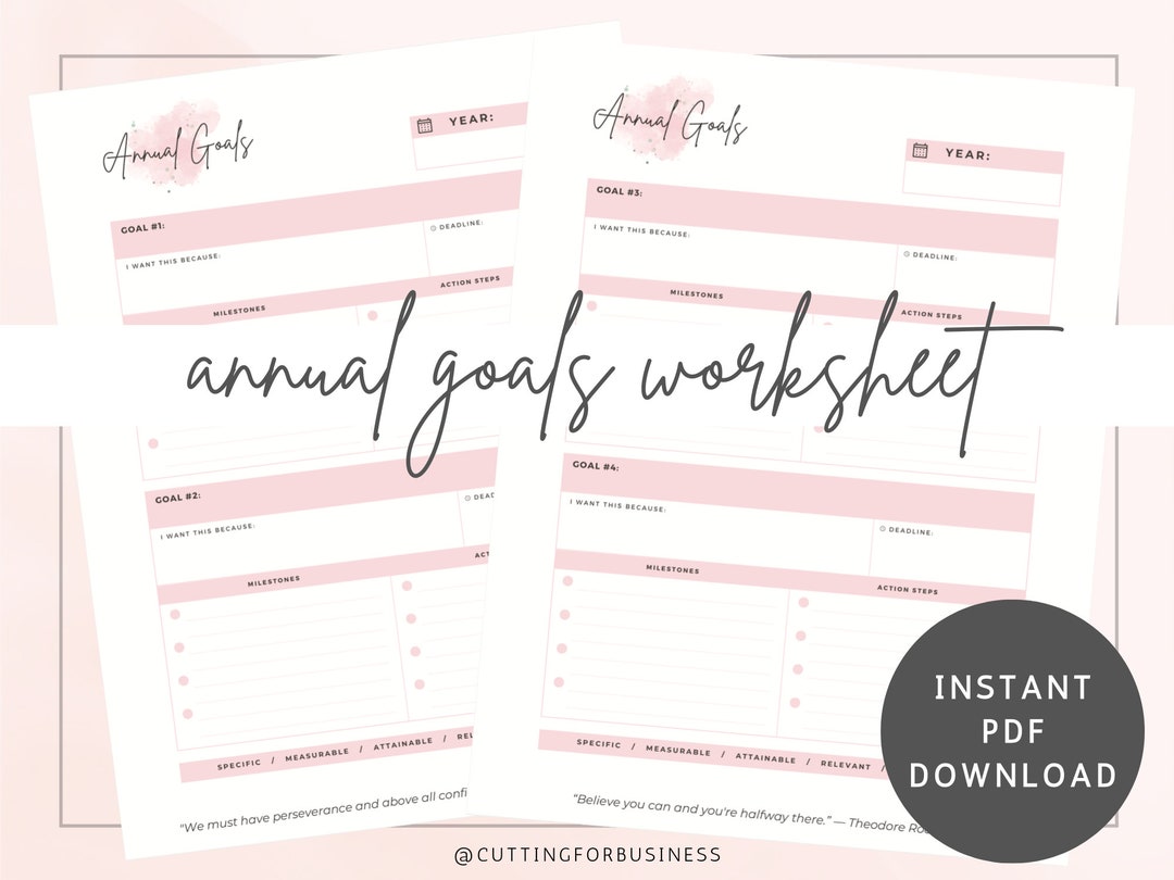 Printable Annual Goals Worksheet - Watercolor - Pink - Inspiring Quotes ...