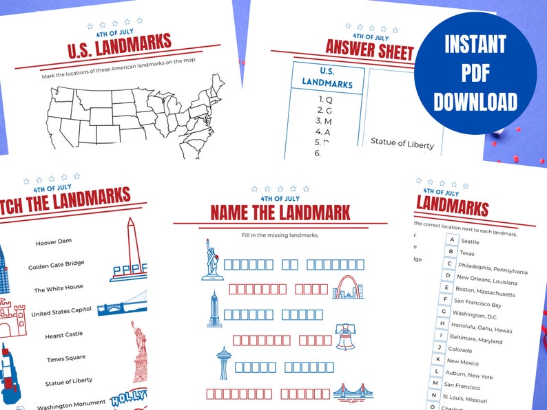 PRINTABLE US Landmarks Game BUNDLE July 4th, Matching, Patriotic Game ...