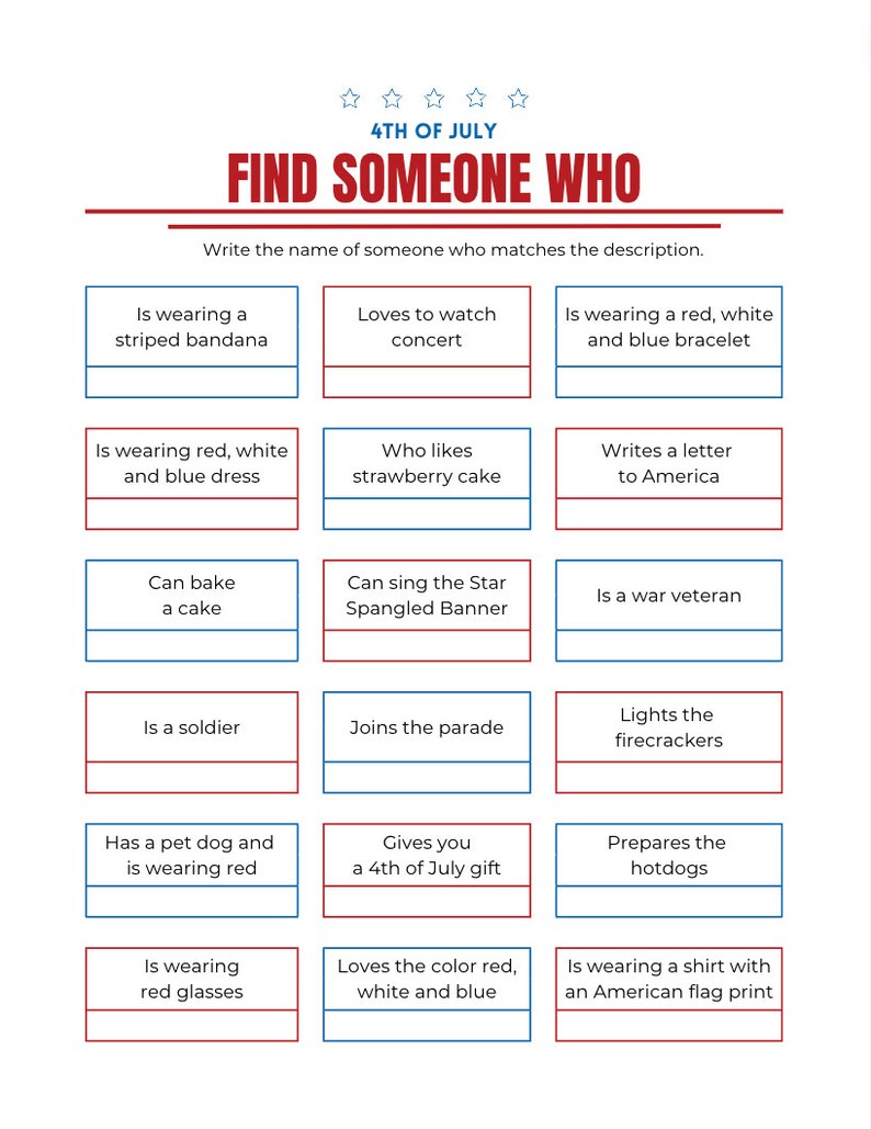 Find Someone Who July 4 PRINTABLE Game, Party Game, Patriotic Game ...