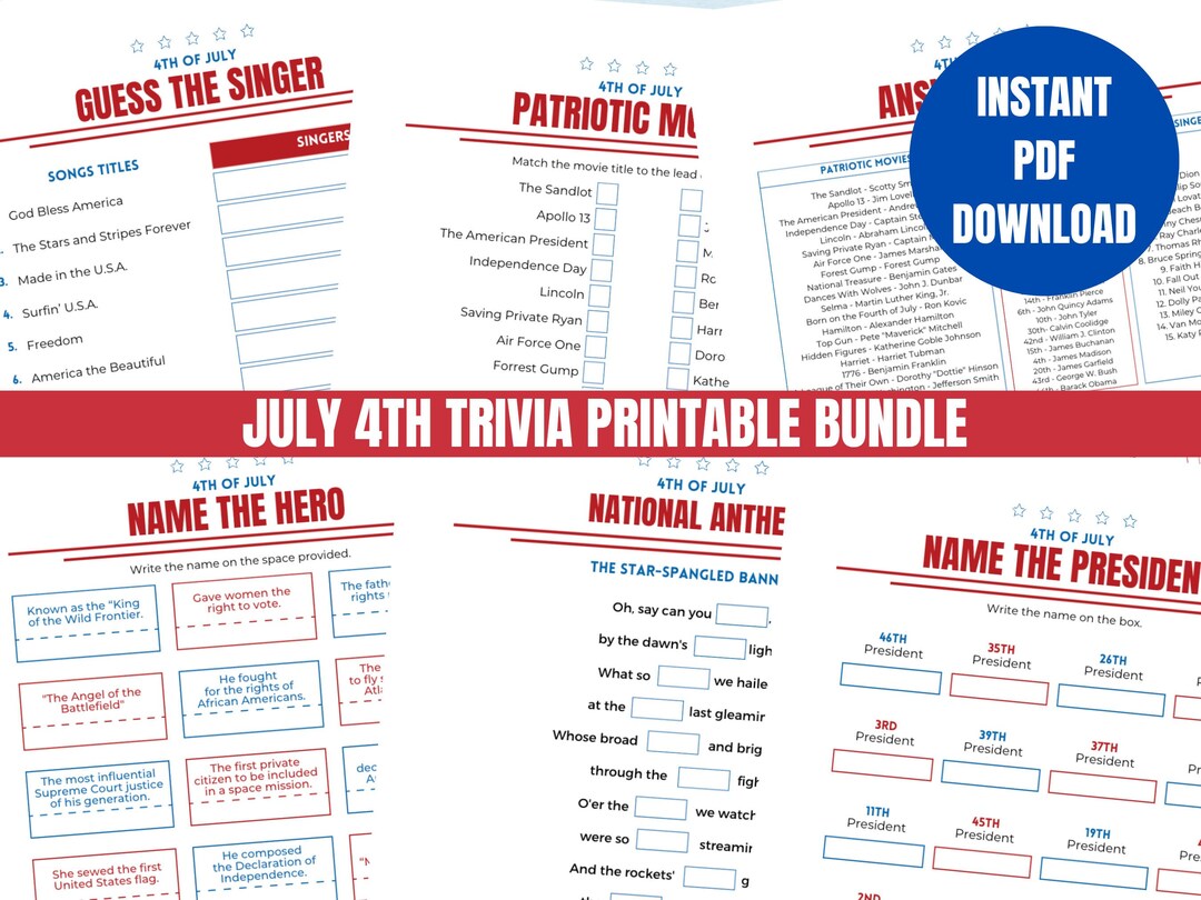 PRINTABLE July 4th TRIVIA BUNDLE Game, Party Game, Patriotic Game ...