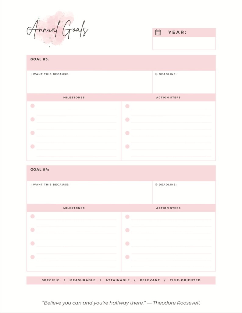 Printable Annual Goals Worksheet - Watercolor - Pink - Inspiring Quotes ...