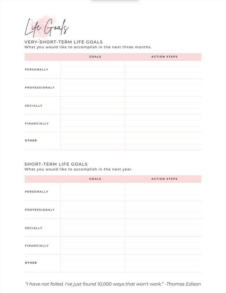 Printable Life Goals Worksheet - Watercolor - Pink - Inspiring Quotes ...
