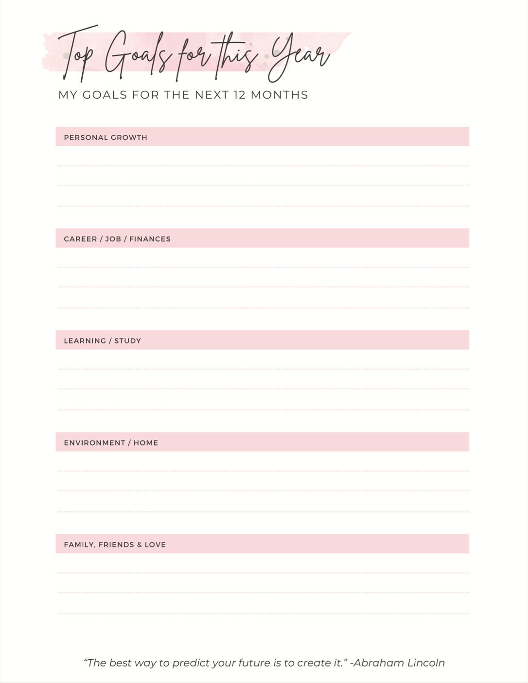 Printable Top Goals Worksheet - Watercolor - Pink - Inspiring Quotes ...