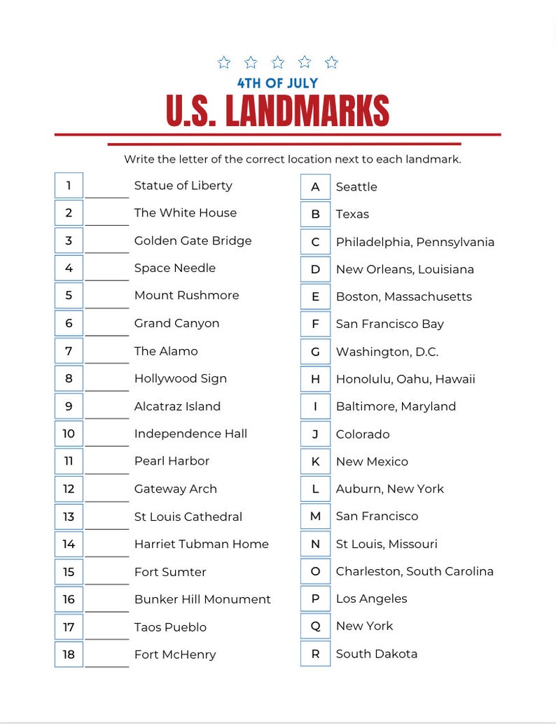 PRINTABLE US Landmarks Game BUNDLE July 4th, Matching, Patriotic Game ...