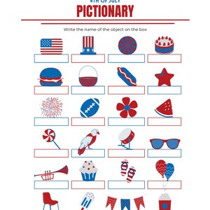 July 4th PICTIONARY PRINTABLE Game, Party Game, Patriotic Game, Games ...