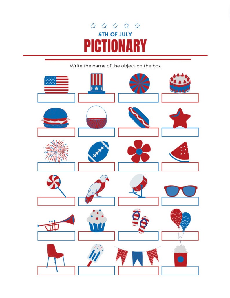 July 4th PICTIONARY PRINTABLE Game, Party Game, Patriotic Game, Games ...