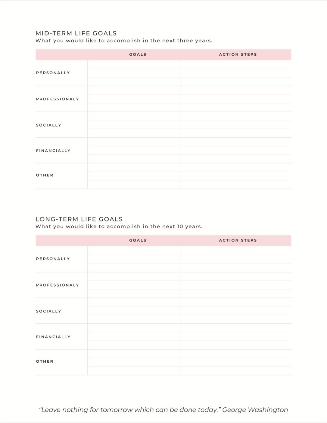 Printable Life Goals Worksheet - Watercolor - Pink - Inspiring Quotes ...