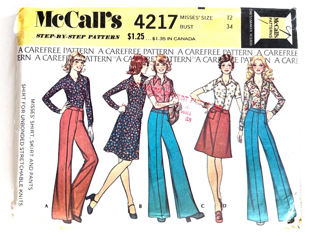 Vintage 1970's Bell Bottom Pants Sewing Pattern Mccall's 4217 Shirt ...
