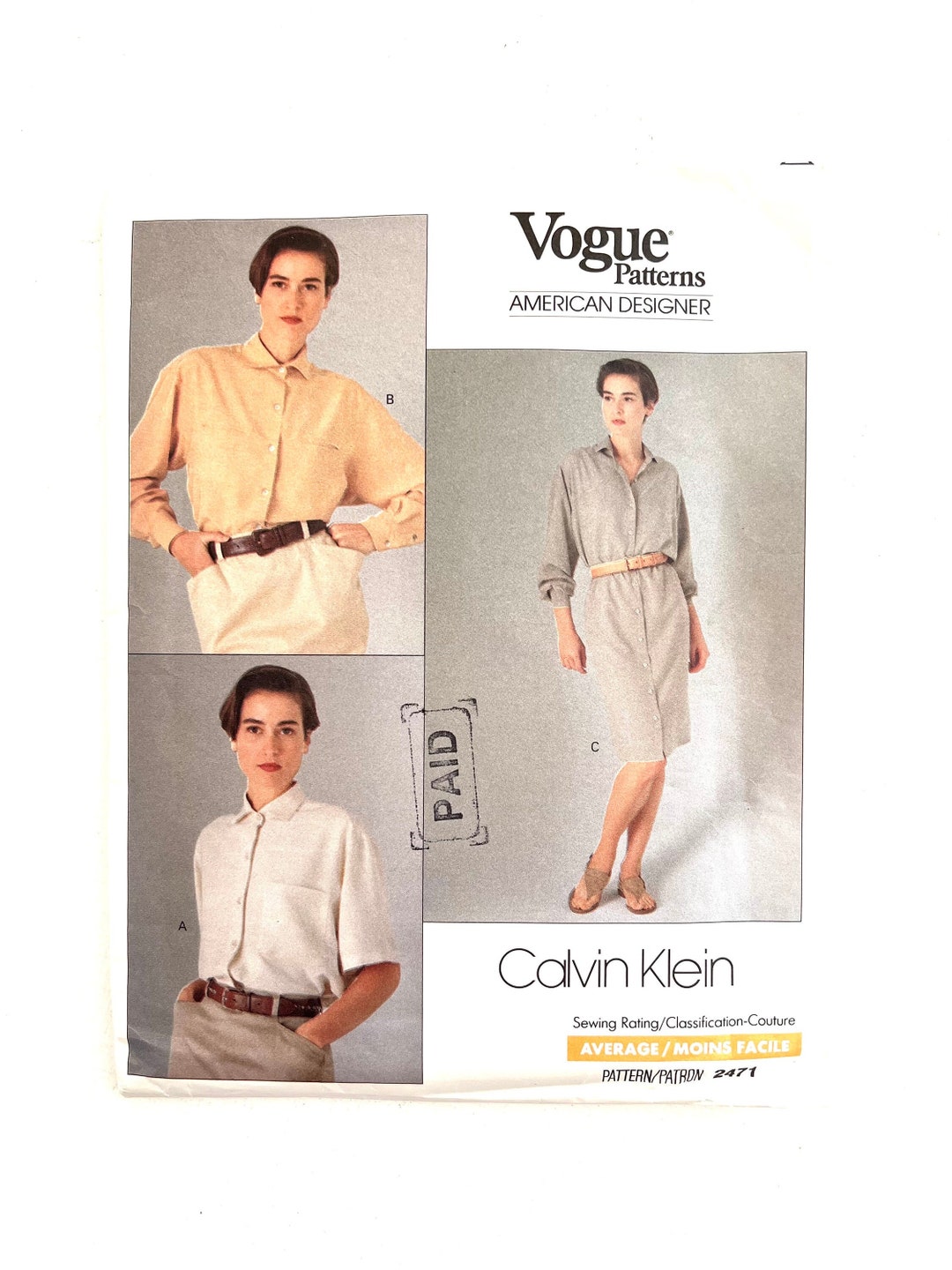 Vogue Sewing Pattern Calvin Klein 2471 Shirt Dress Button Front Blouse ...