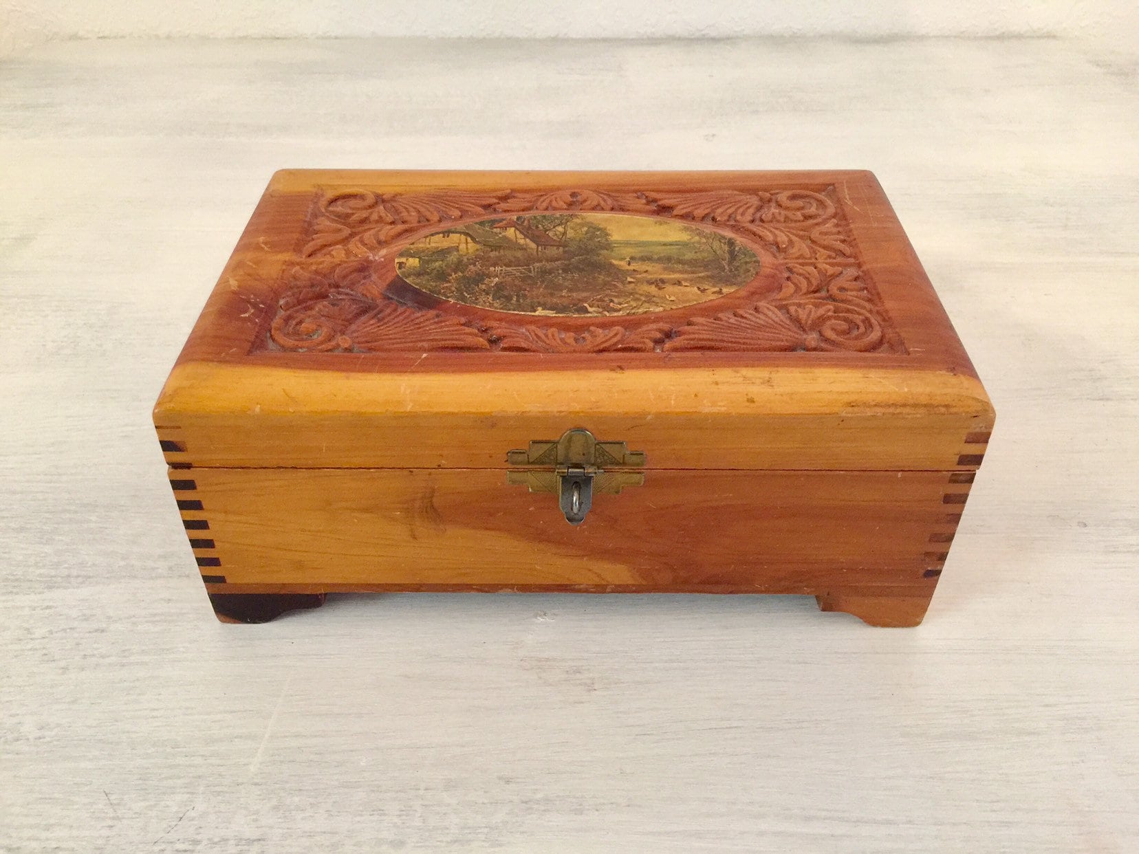 Made in India Wooden Box with Farm Scene Vintage Carved Wooden Trinket ...