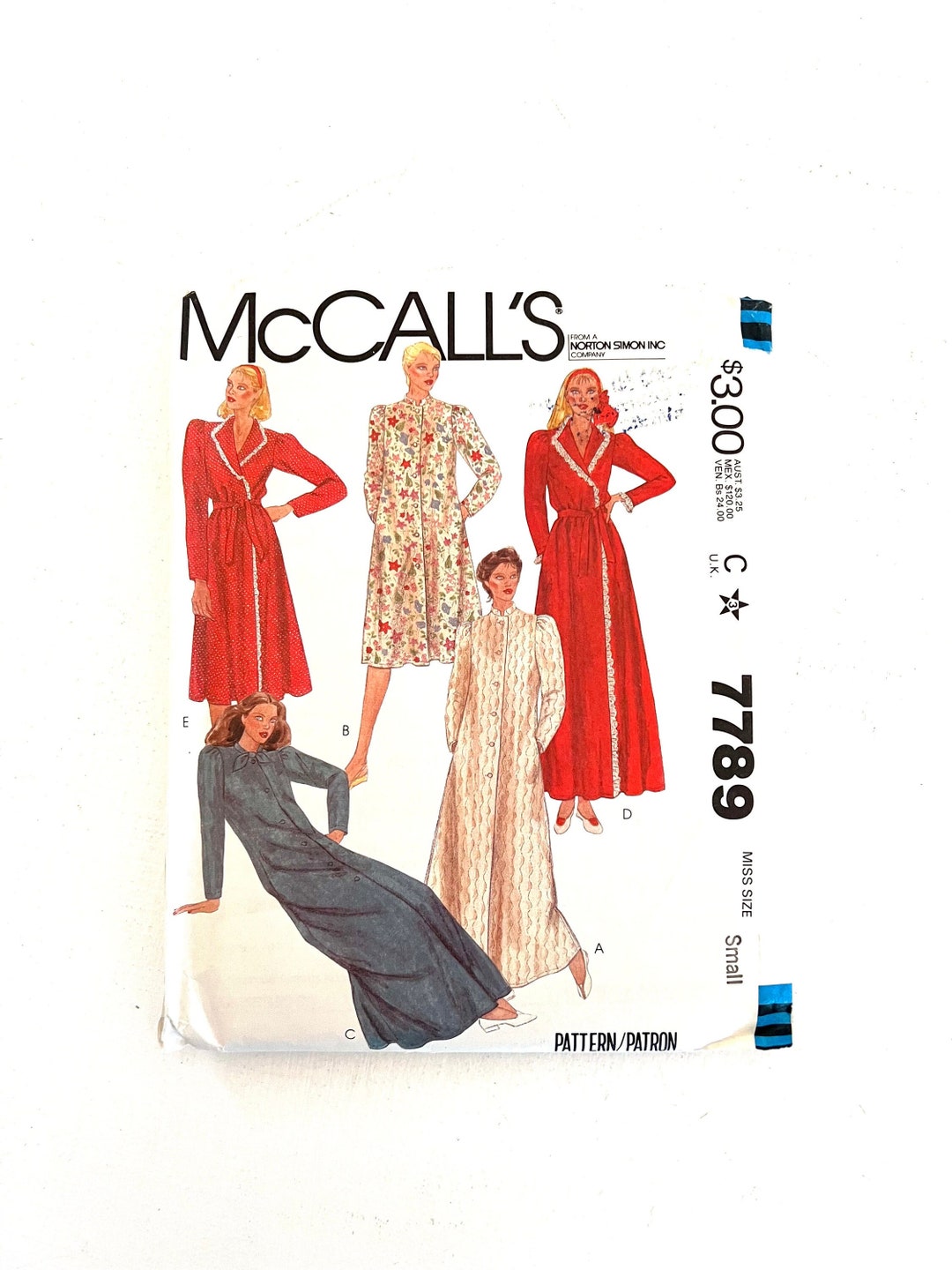 80's Bathrobe and Tie Belt Sewing Pattern Mccall's 7789 Wrap Robes Size ...