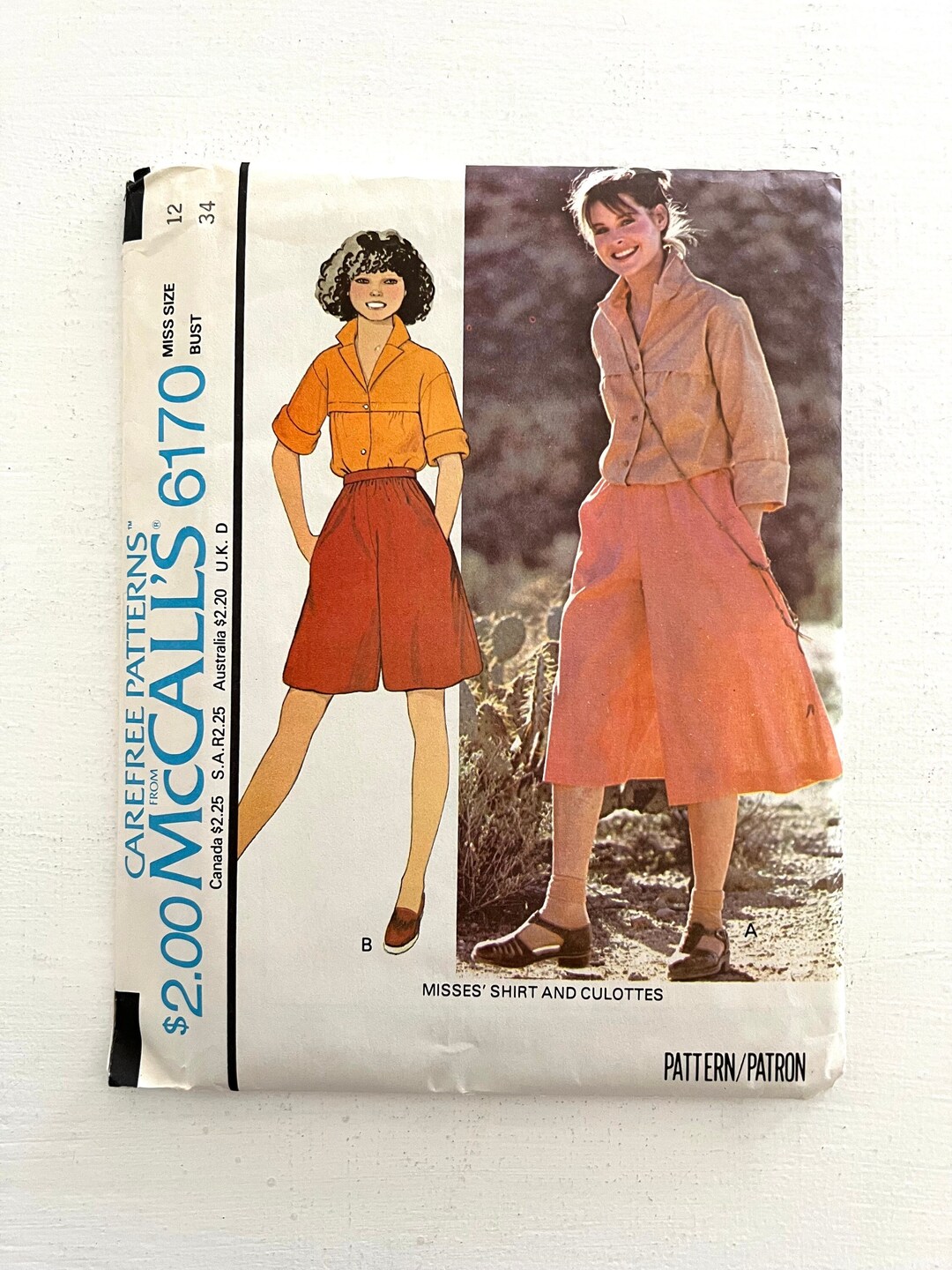 1970's Culottes and Shirt Sewing Pattern Mccall's 6170 Size 12 Boho ...