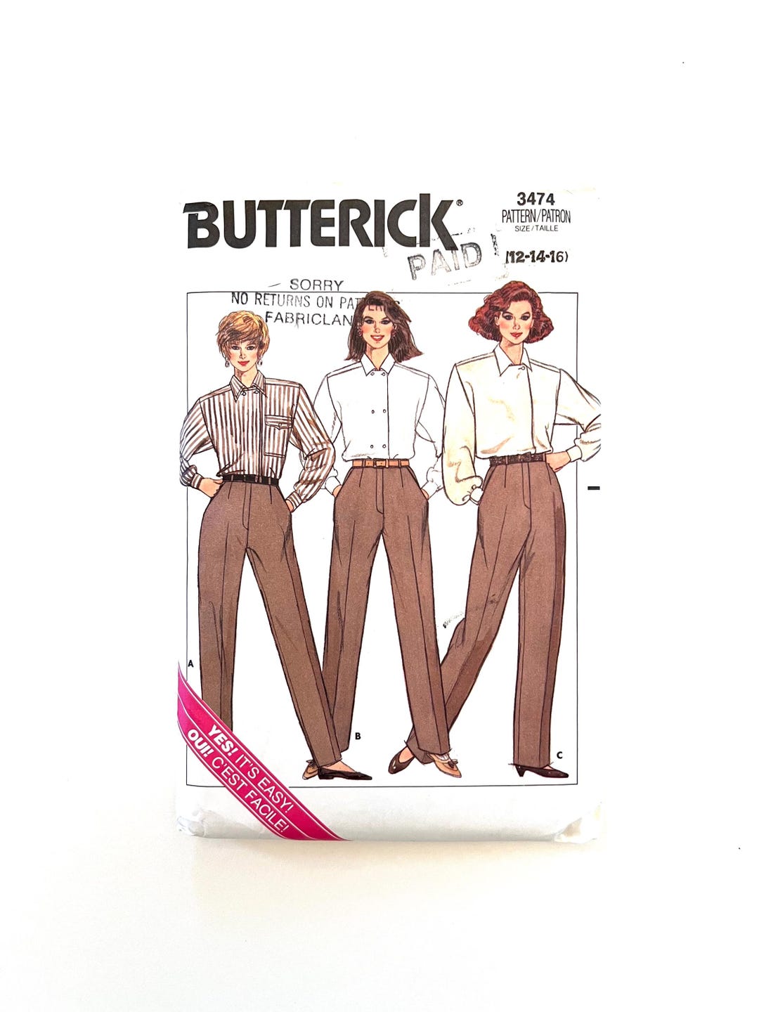 Trouser Pants Butterick Sewing Pattern 3474 Straight Leg Pattern Size ...