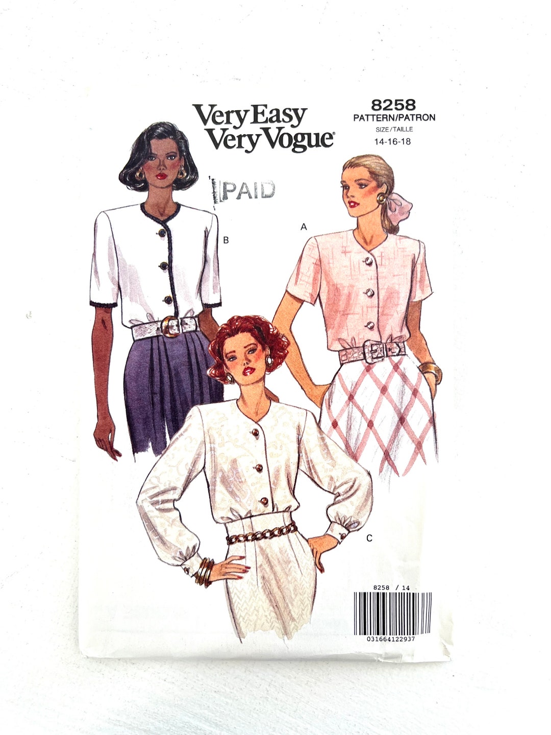 90's Uncut Vogue Sewing Pattern 8258 Misses Loose Fitting Blouse Top ...