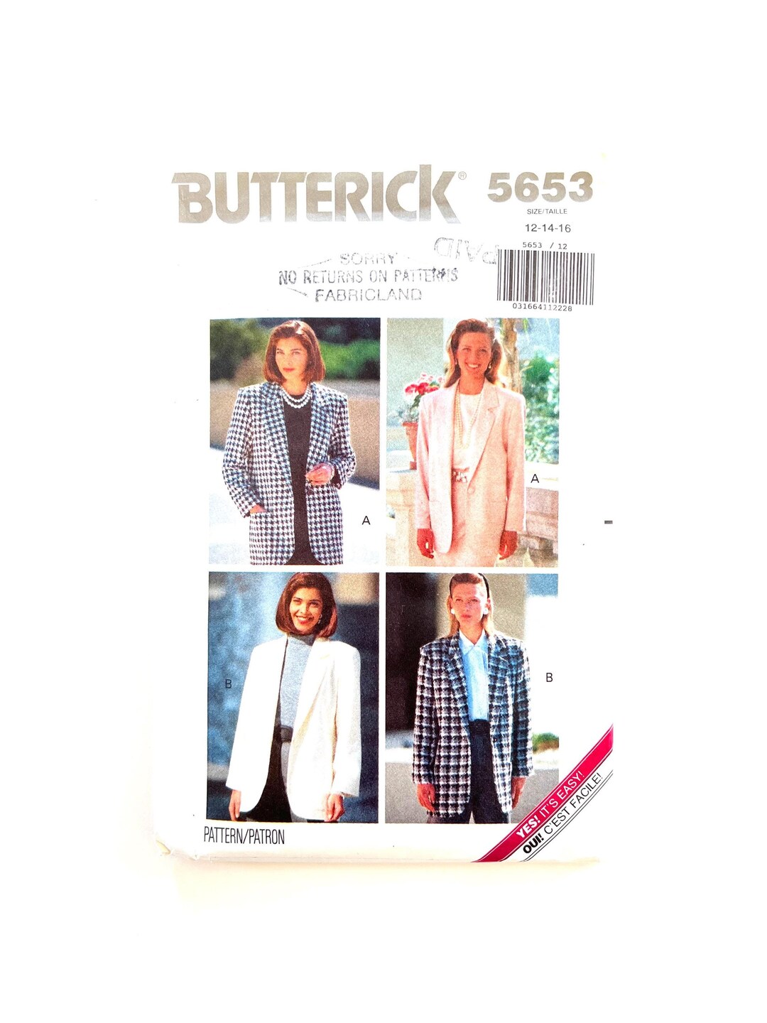 Blazer Jacket Butterick 5653 Coat Sewing Pattern Size 12-16 Uncut - Etsy