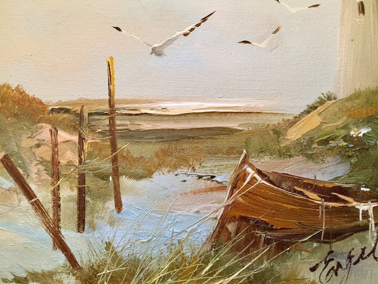 Engel Signed Oil On Canvas Oil Painting Lighthouse Boat | Etsy