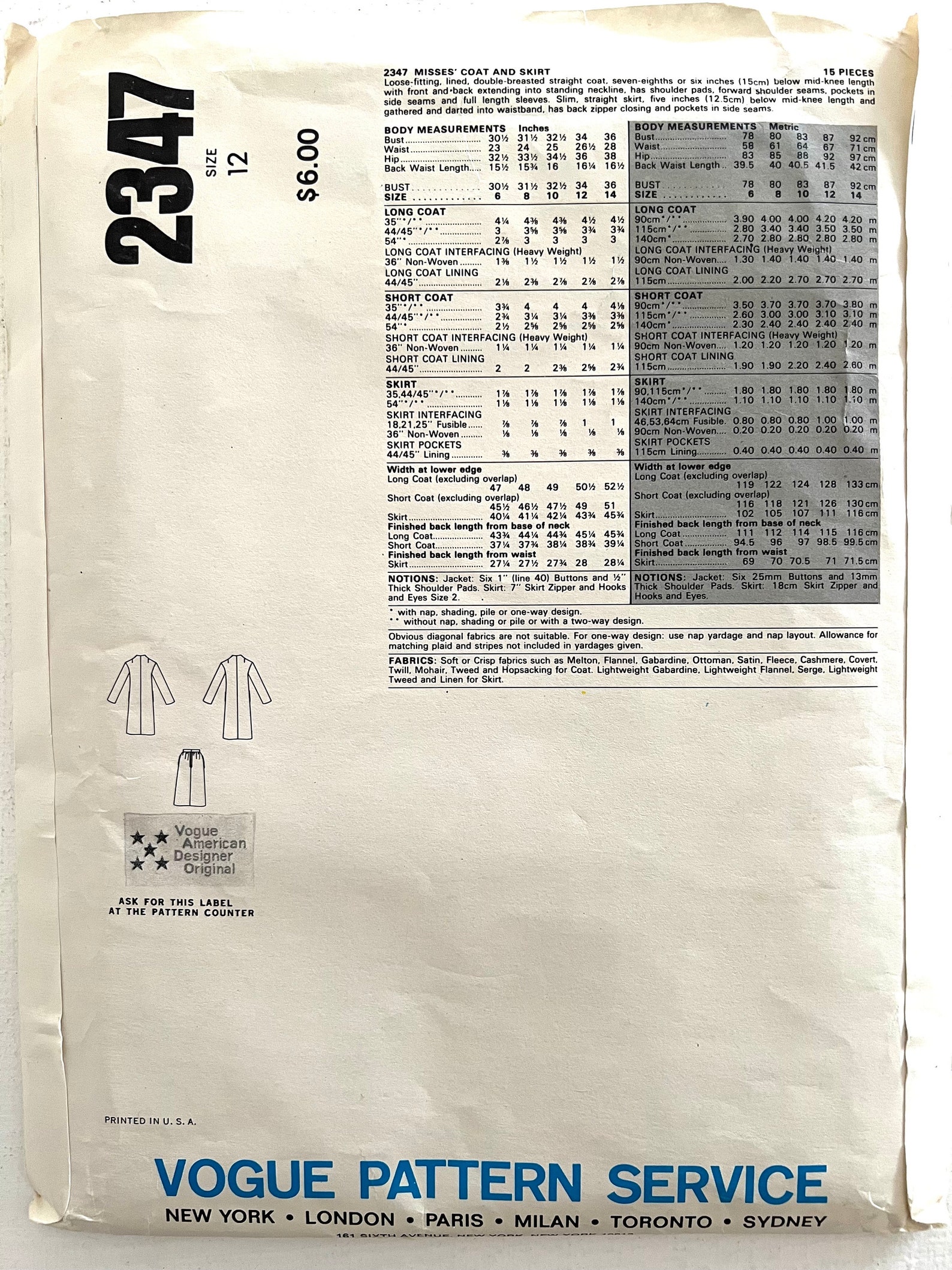 Double Breasted Coat Sewing Pattern Vogue 2347 Skirt and Jacket Size 12 ...
