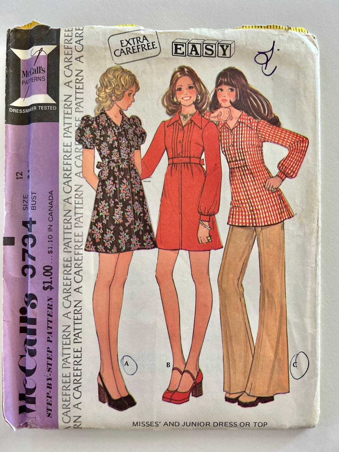 1970's Mini Dress Sewing Pattern Mccall's 3734 Womans Collar Top Size ...