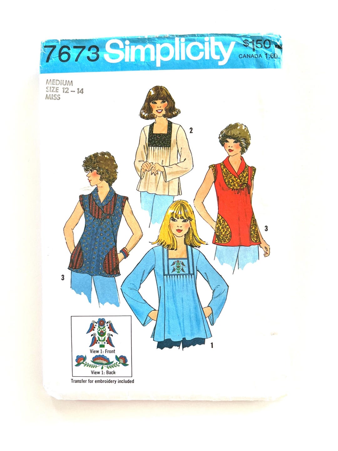 1970's Misses' Pullover Tops Sewing Pattern Simplicity 7673 Boho Size ...
