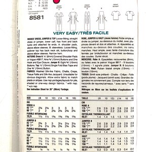 Tie Back Dress or Jumper Sewing Pattern Vogue 8581 Size 14-16 18 Uncut ...