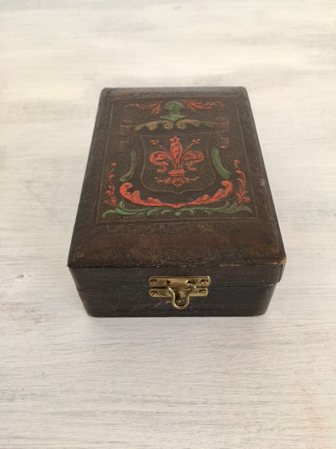 Coat of Arms Trinket Box Wooden and Leather Hand Painted Hinged Box ...