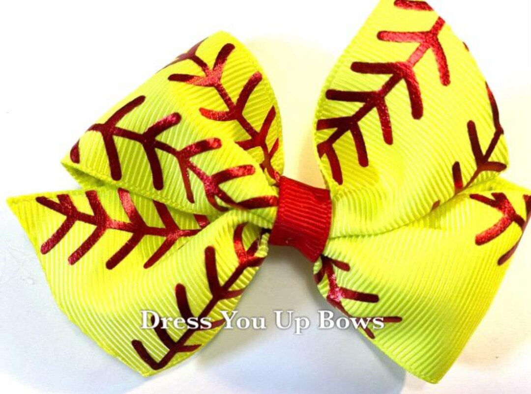 3.5” Red Stitch Softball Girls Baseball Hair Bow Clip, Red Foil Stitch ...