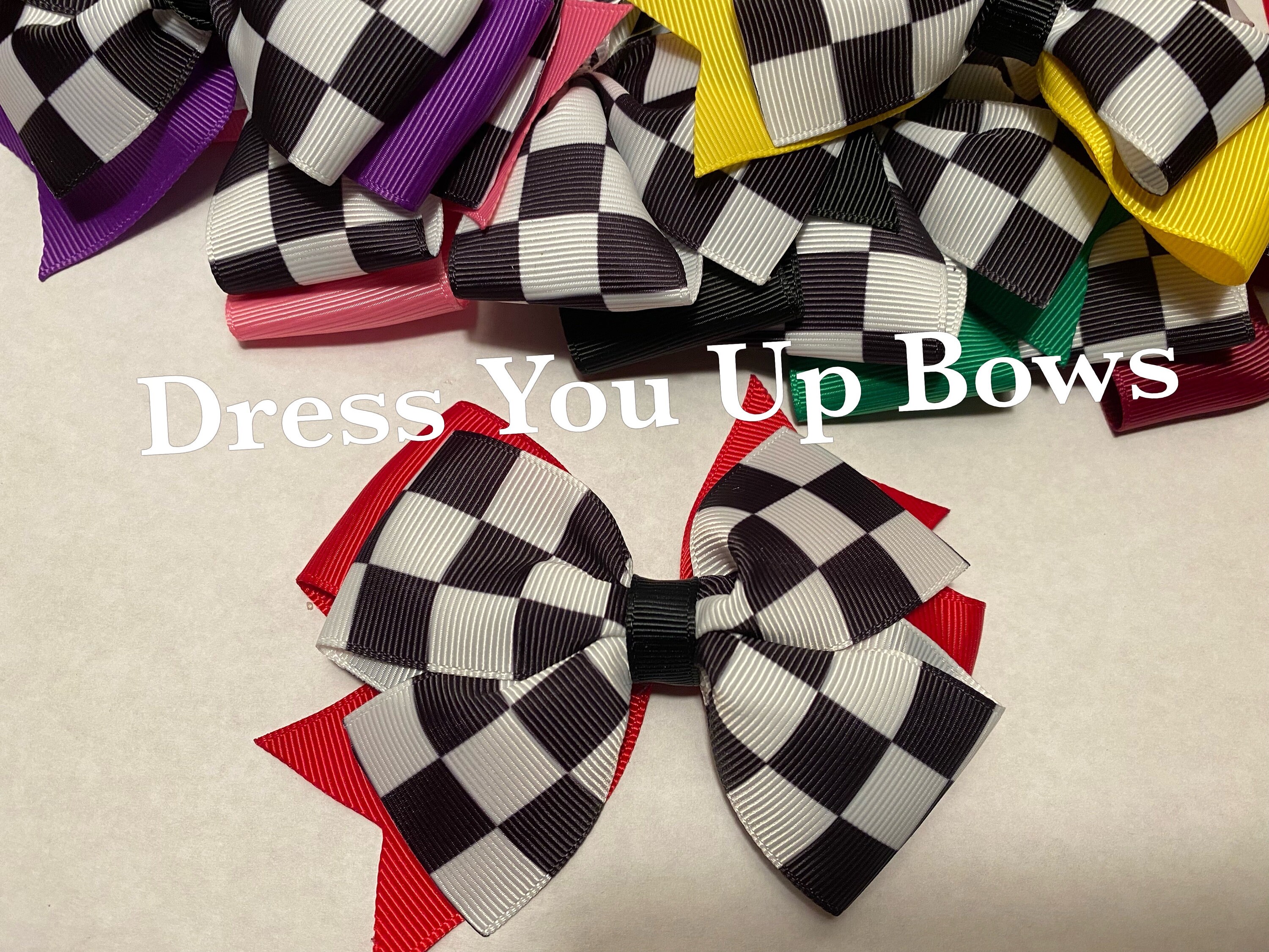 Choose Color 4" Racing Hair Bow Clip, 4" Stacked Racing Checkered Flag ...