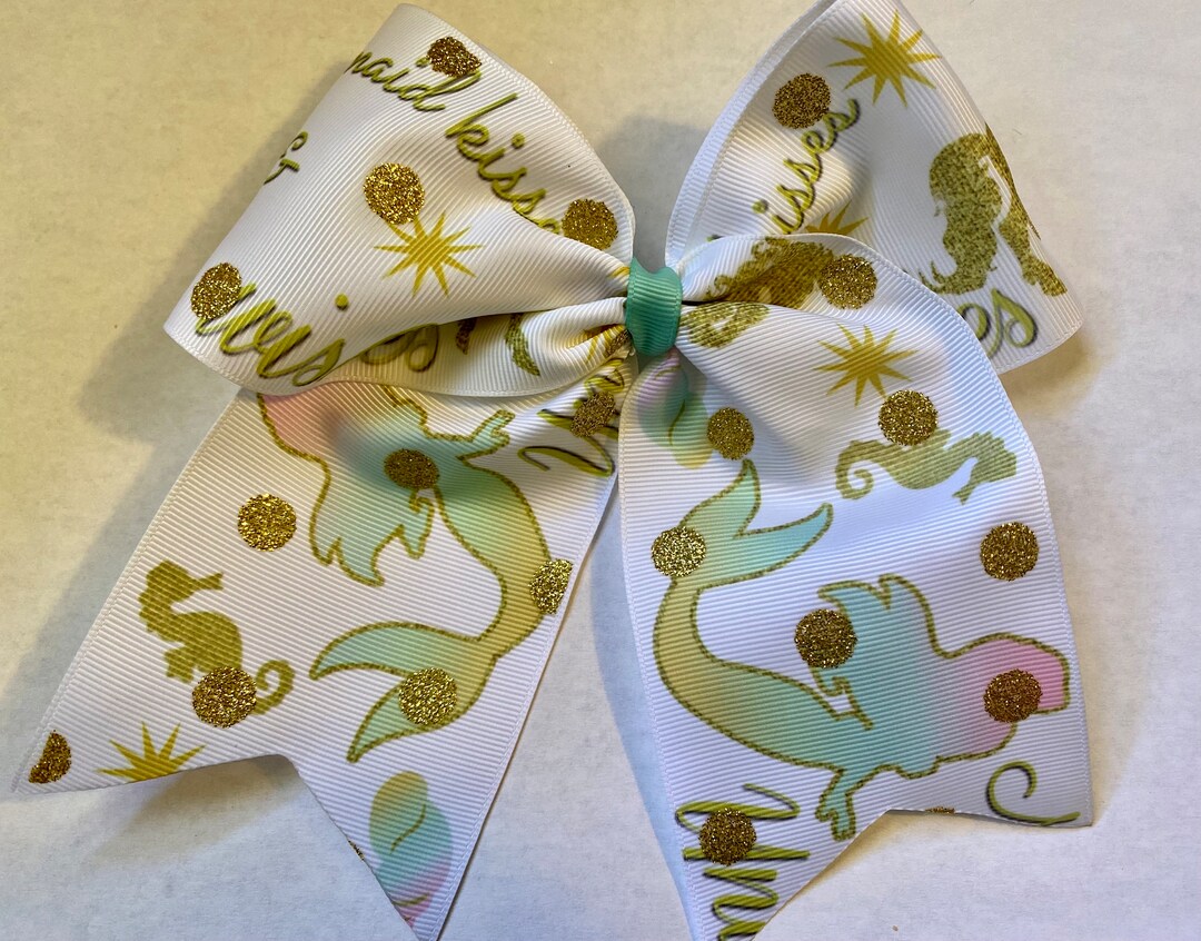 5" X 6" Glitter Mermaid Cheer Hair Bow Clip Pony Tails Down Birthday ...