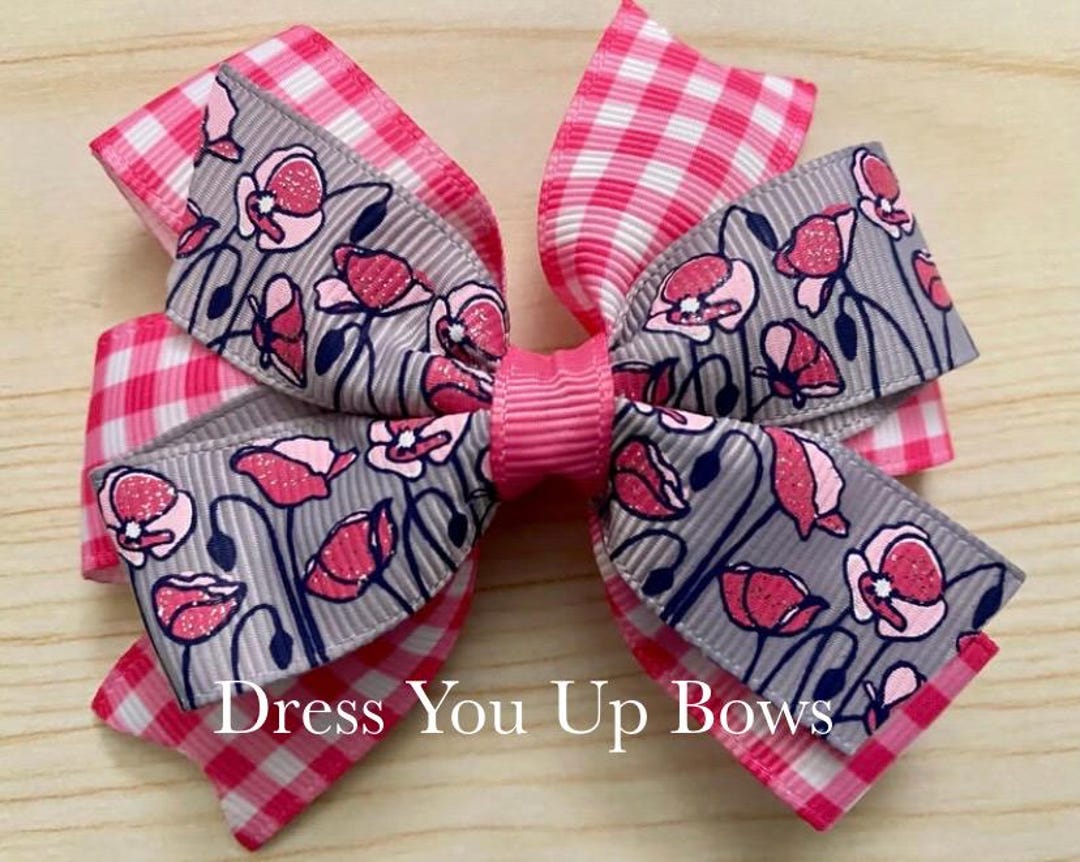 3.5" Pink Poppy Flower Hair Bow, Toddler Poppy Bow, Pink Gingham and ...