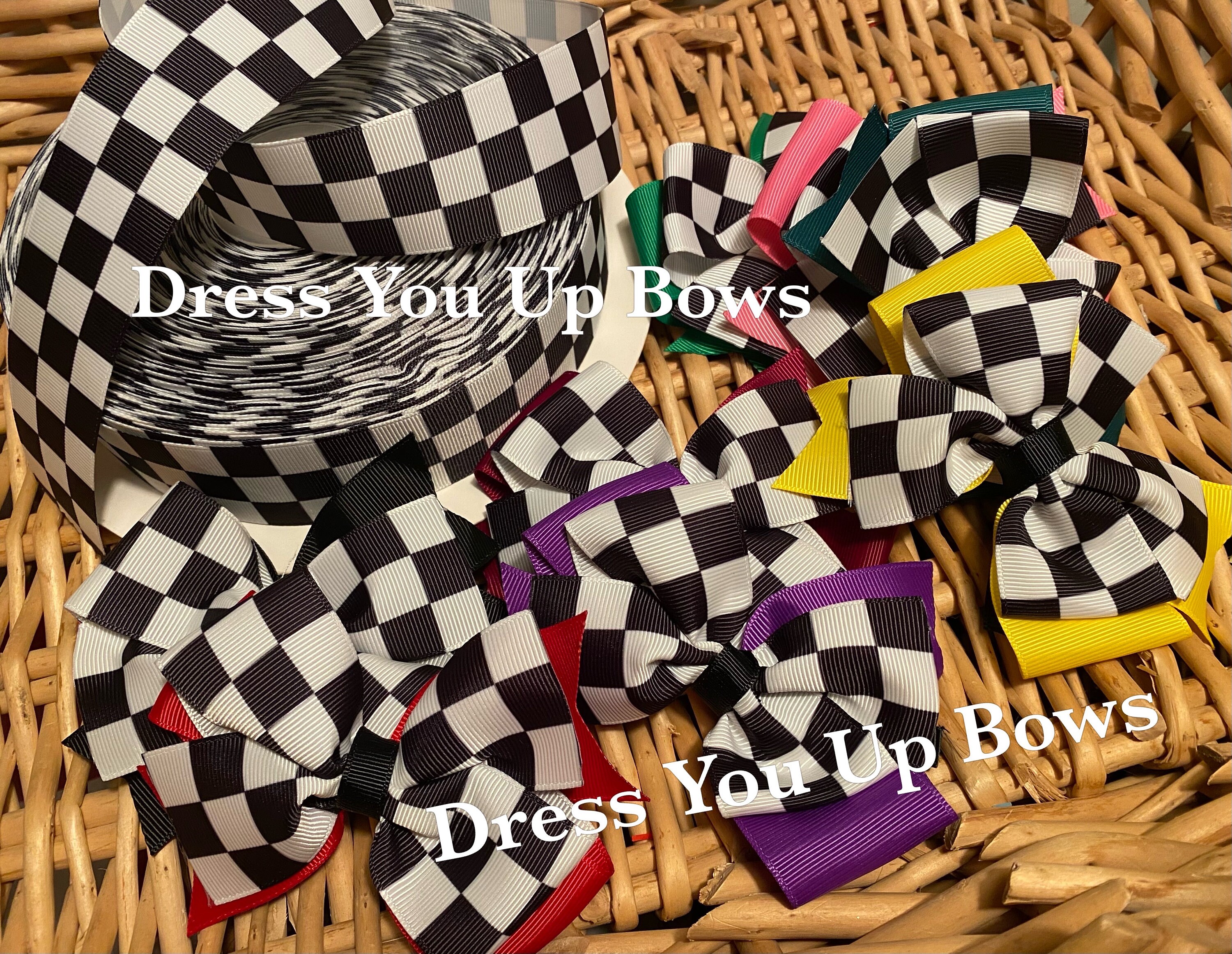 Choose Color 4" Racing Hair Bow Clip, 4" Stacked Racing Checkered Flag ...