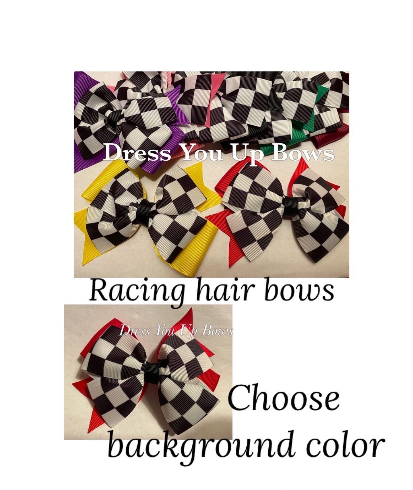 Choose Color 4" Racing Hair Bow Clip, 4" Stacked Racing Checkered Flag ...