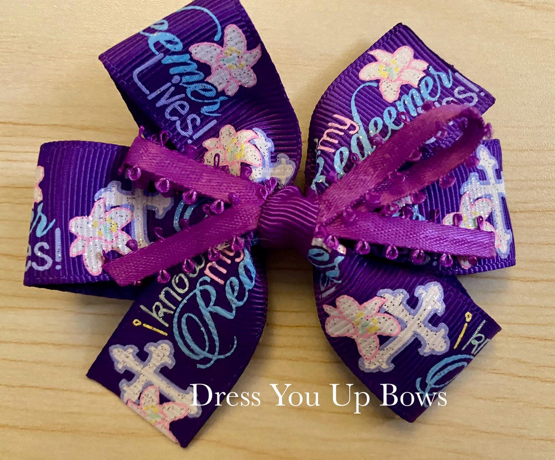 3" Purple Religious Cala Lily and Cross Printed Ribbon Hair Bow Clip ...