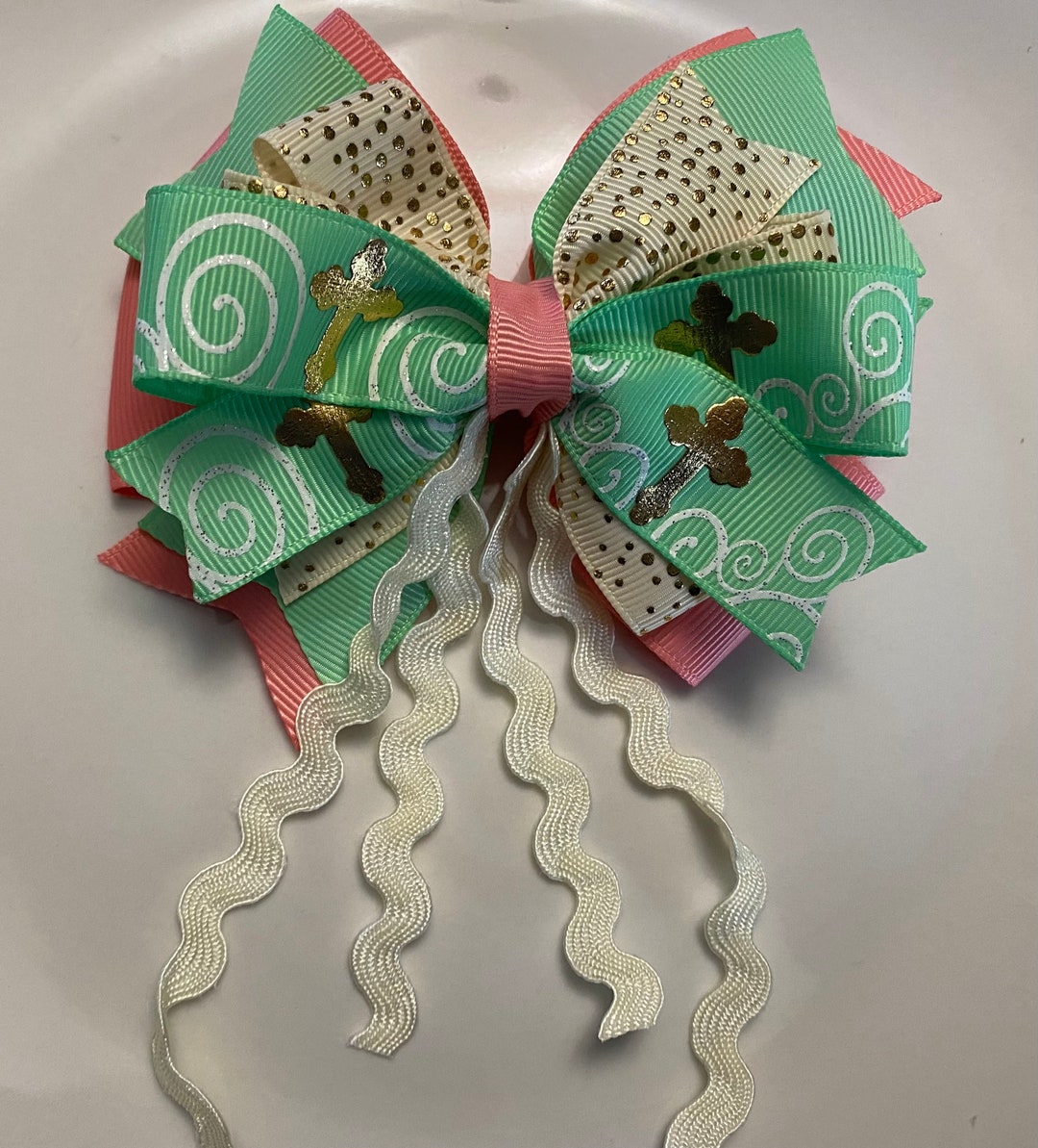 4.5” Religious Gold Cross on Mint Green and Peach Stacked Boutique Hair ...